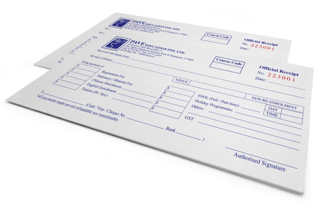 Affordable Receipt Books Printing Singapore | Carbonless NCR Receipts